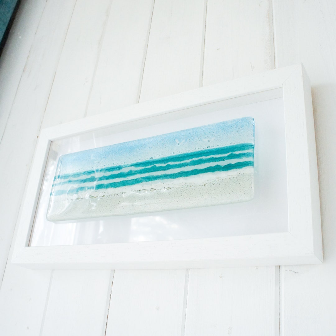 Landscape Beach Fused Glass Frame 34x18cm(13x7"), Teal Seaside Glass ...