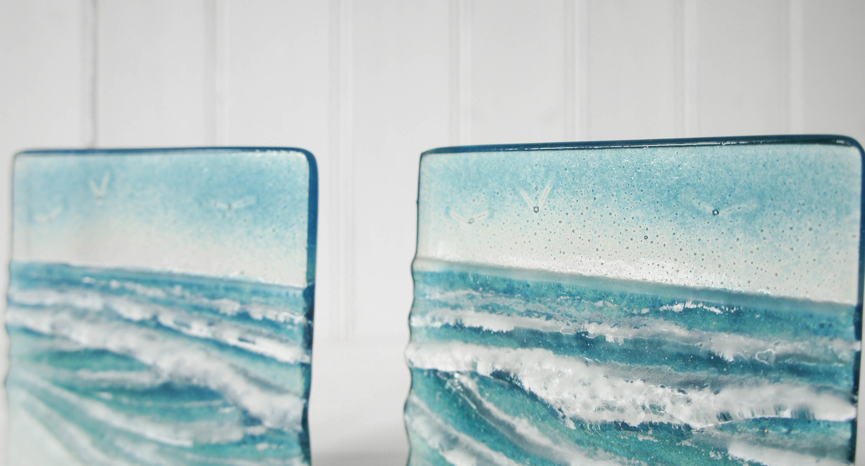 Set of 2 Small Wave Stands 12cm(5"), Fused Glass Wave Art, Coastal ...