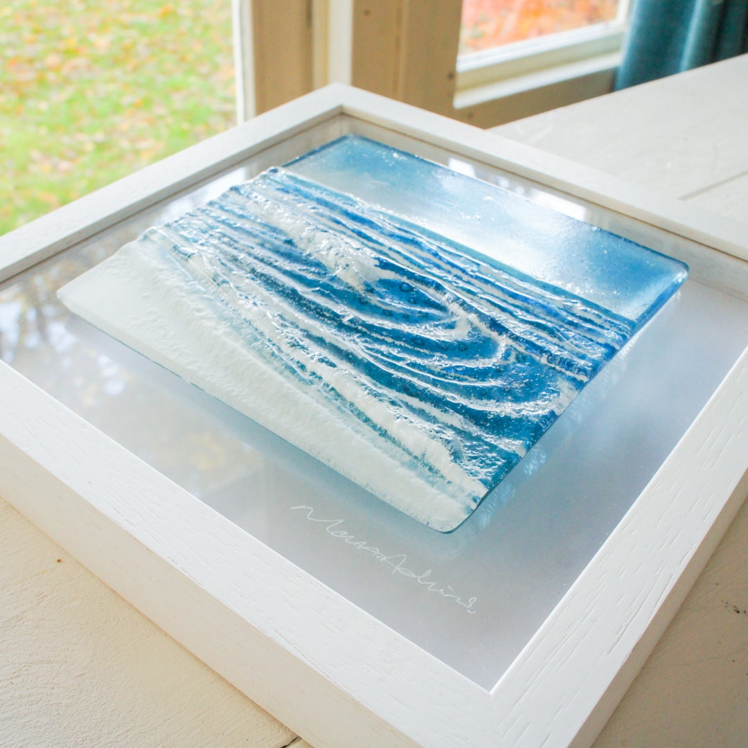 Rolling Wave in a Box Fused Glass Framed Art 25x25cm(10") D2, Glass ...