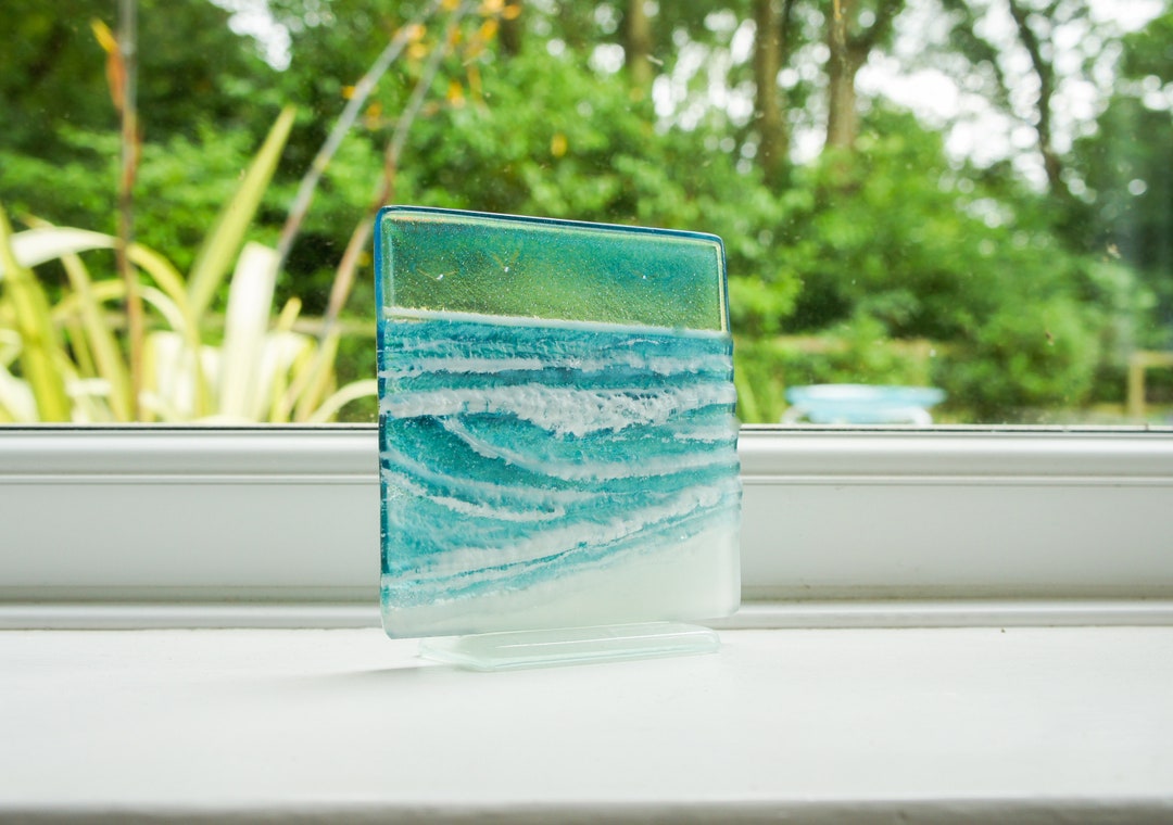 Glass Wave Stand 12cm/5", Fused Glass Ocean Wave, Window Suncatcher Sea ...