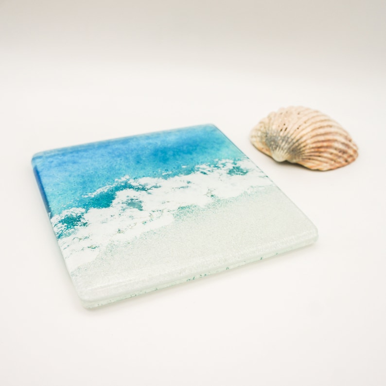 2 Beach Fused Glass Coasters, Set of 2 Coasters 10cm(4"), Paradise Sea ...