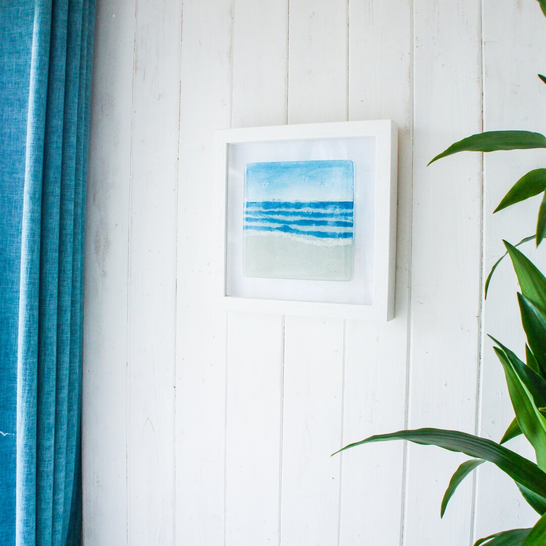 Blue Beach Fused Glass Frame 25x25cm(10"), Blue Seaside Glass Framed ...