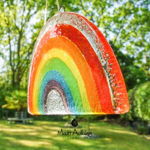 2 Rainbow Suncatchers 19x10cm(7 1/2x4"), Stripe Rainbow Fused Glass ...