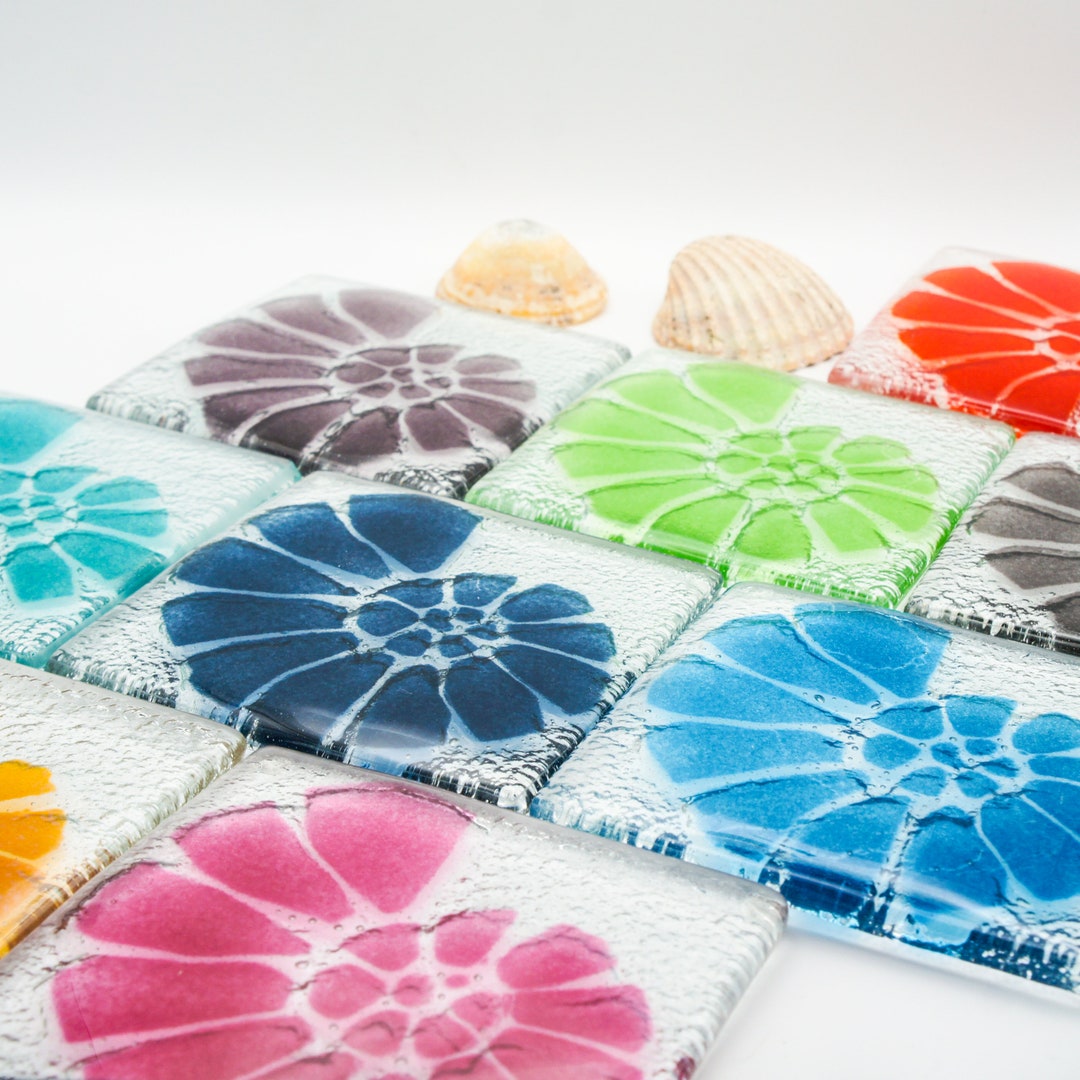 Set of 2 Handmade Ammonite Fused Glass Coasters, Set of 2 Coasters 10cm ...