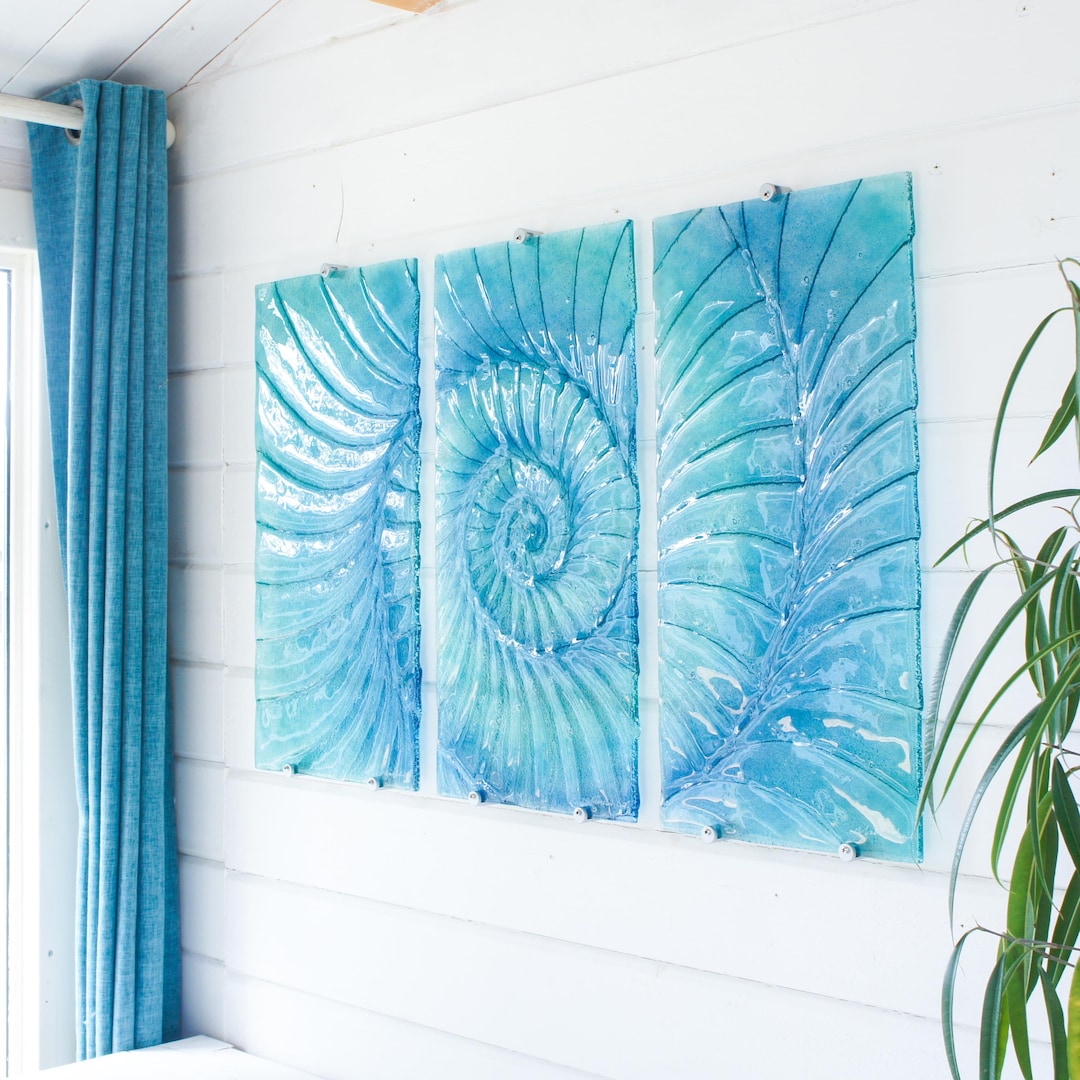 Triptych Ammonite Wall Art OVERALL 100x60cm (40x23") Blue Turquoise ...