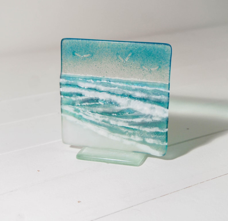 Set of 2 Small Wave Stands 12cm(5"), Fused Glass Wave Art, Coastal ...