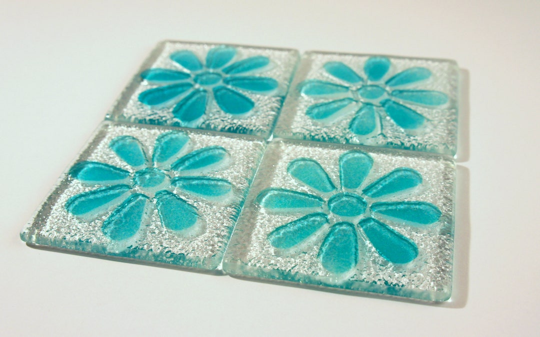 4 Turquoise Daisy Coasters 10cm4x4, Set of 4 Fused Glass Flower ...