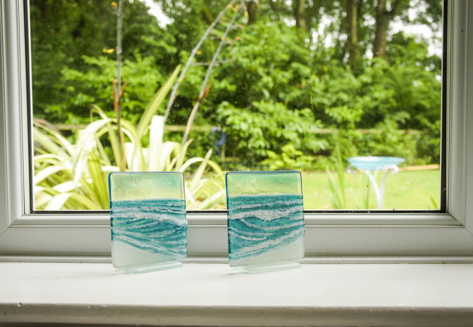Set of 2 Small Wave Stands 12cm(5"), Fused Glass Wave Art, Coastal ...