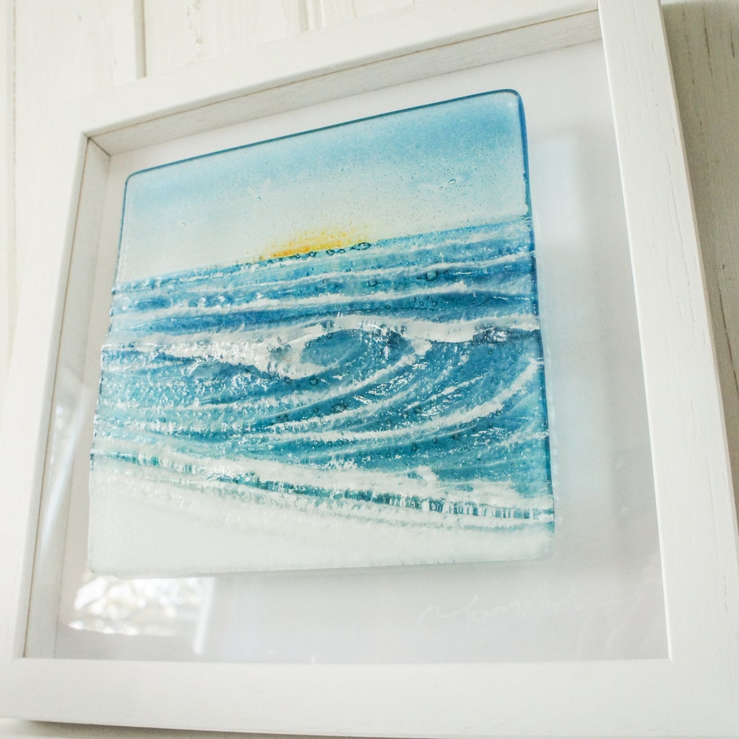 Rolling Wave in a Box Fused Glass Framed Art SUN 25x25cm(10"), Blue ...
