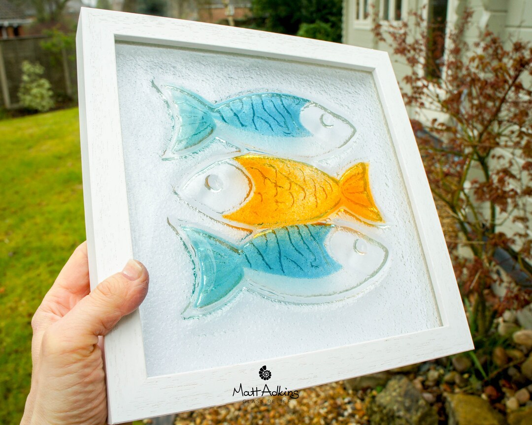 3 Fish Glass Art 25x25cm (10"x10"), Blue Orange Fish Glass Framed ...
