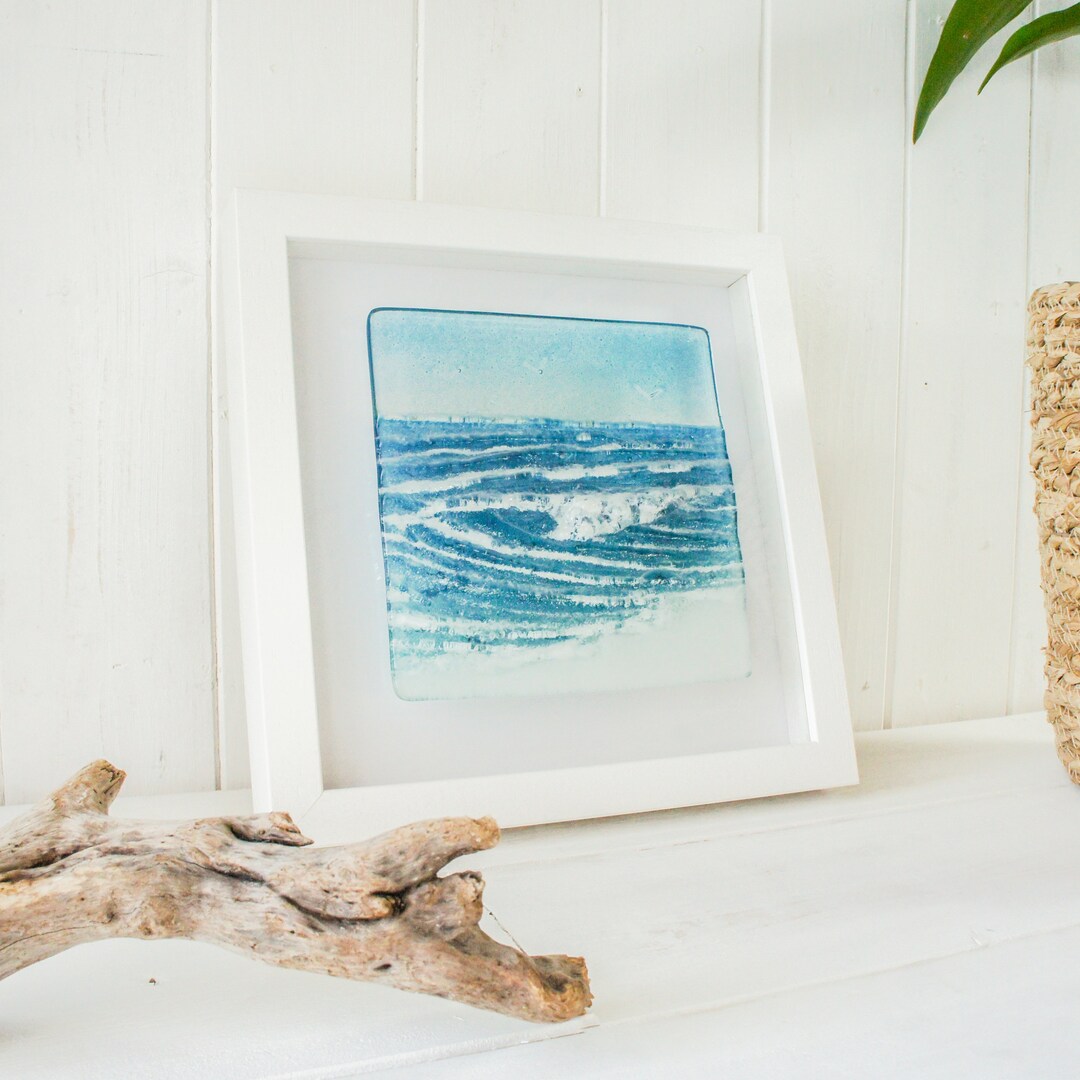 Rolling Wave in a Box Fused Glass Wave Framed Art 25x25cm(10"), Teal ...