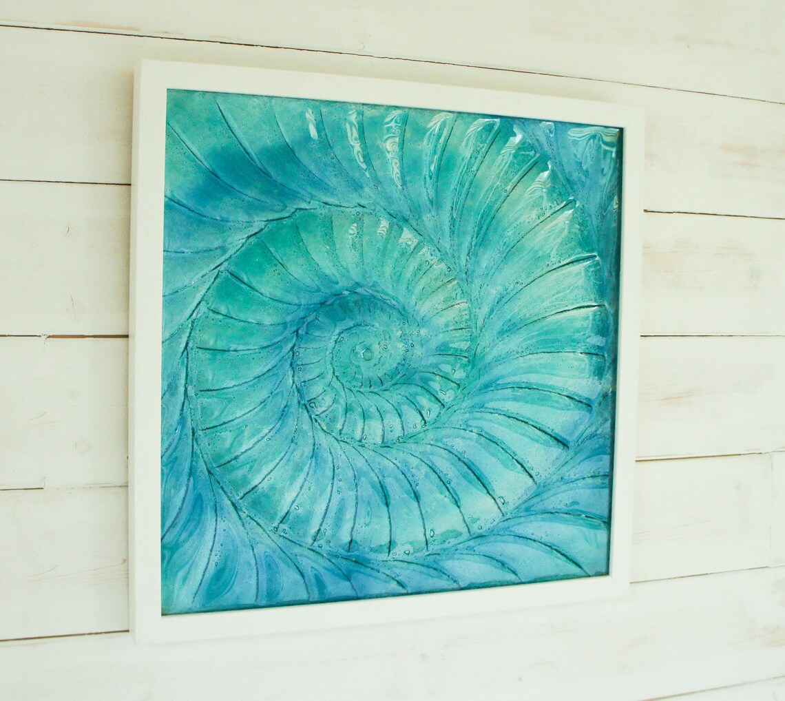 Large Ammonite Frame 44x44cm (17"x17"), Turquoise Blue Fossil Swirl ...