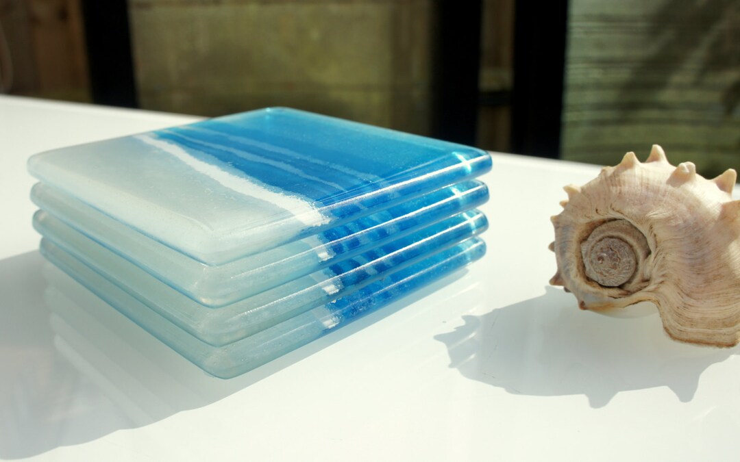 Set of 4 Aqua Blue Fused Glass Coasters, Coasters 10cm(4"), Sea Glass ...