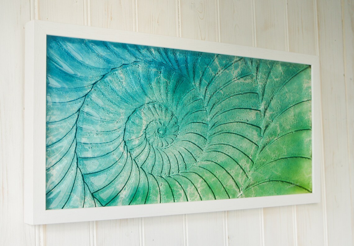 Large Ammonite Wall Art 60x30cm(23"x12"), Lime Green Turquoise Blue ...