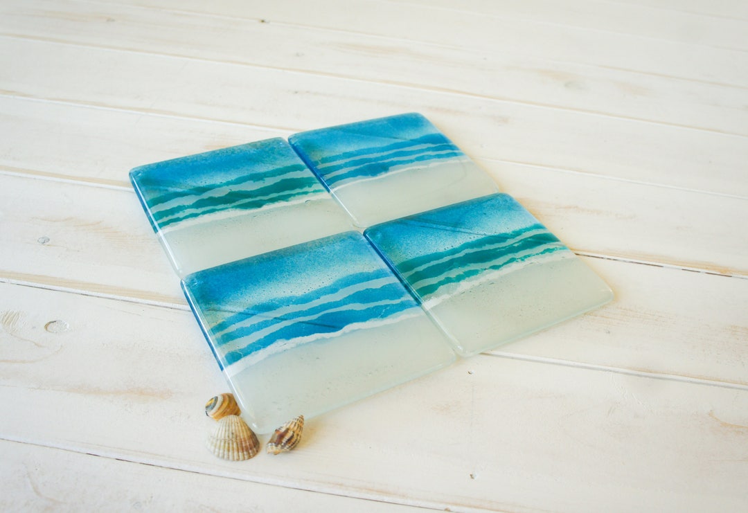 4 Beach Fused Glass Coasters 10cm(4"), Turquoise or Blue, Set of 4 ...