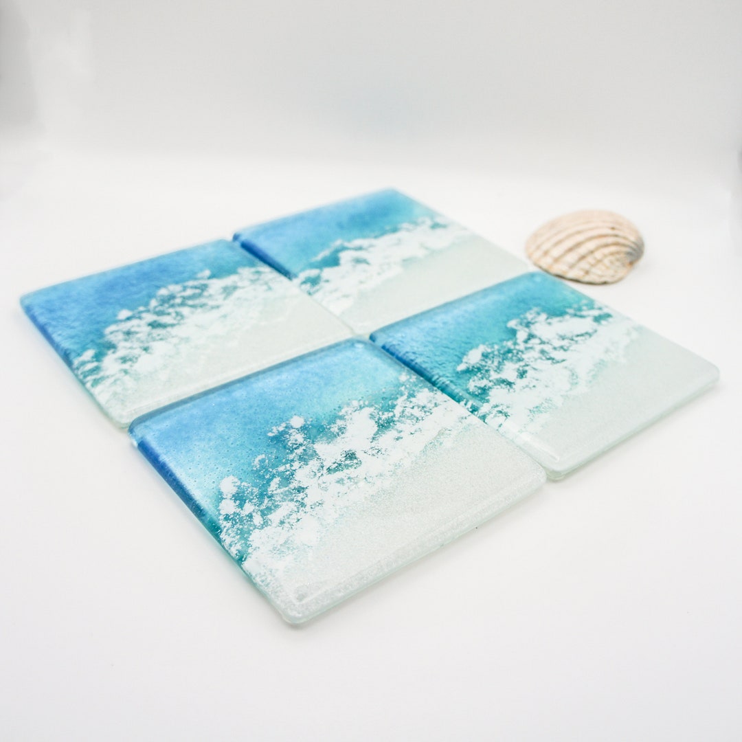 Turquoise Sea Paradise Coasters Set, Set of 4 Beach Fused Glass ...