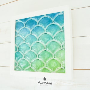 Fish Scale Glass Art 25x25cm 10x10, Turquoise Blue Lime Green Fish ...