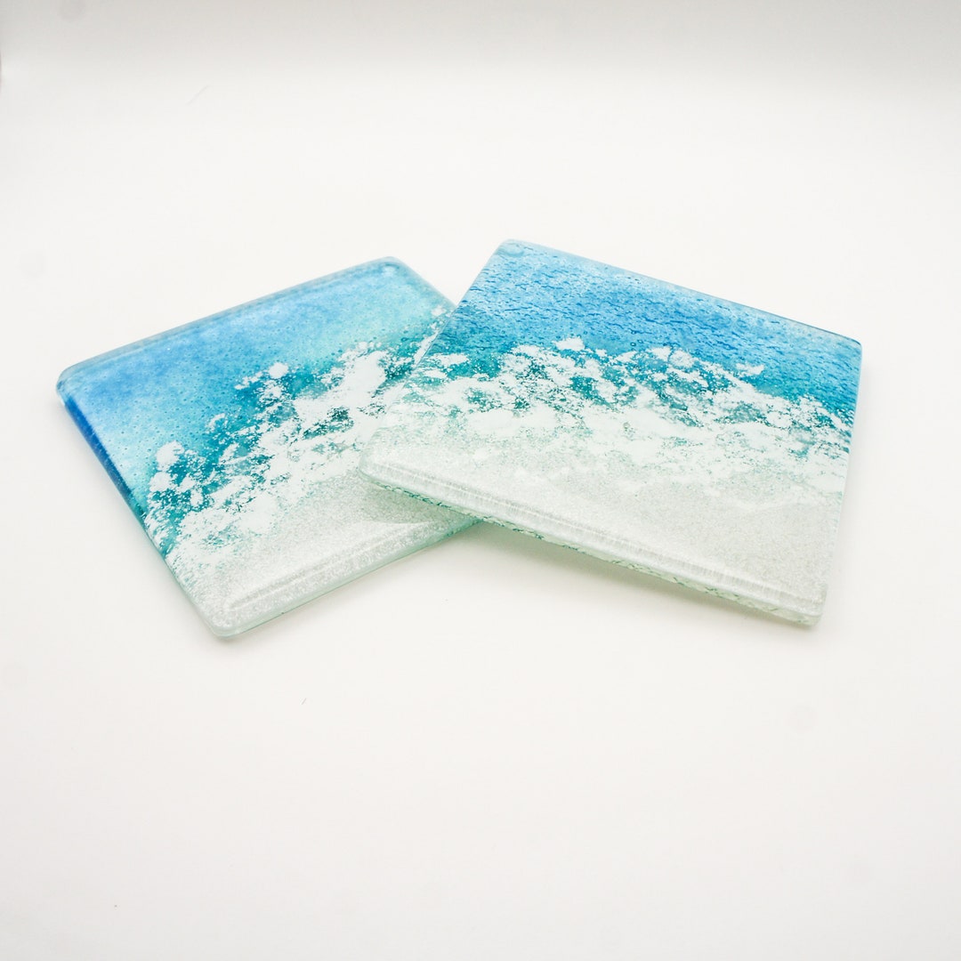 2 Beach Fused Glass Coasters, Set of 2 Coasters 10cm(4"), Paradise Sea ...