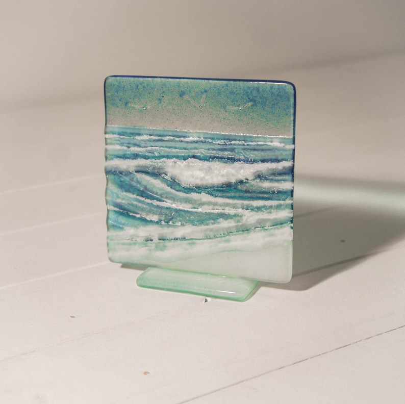 Set of 2 Small Wave Stands 12cm(5"), Fused Glass Wave Art, Coastal ...