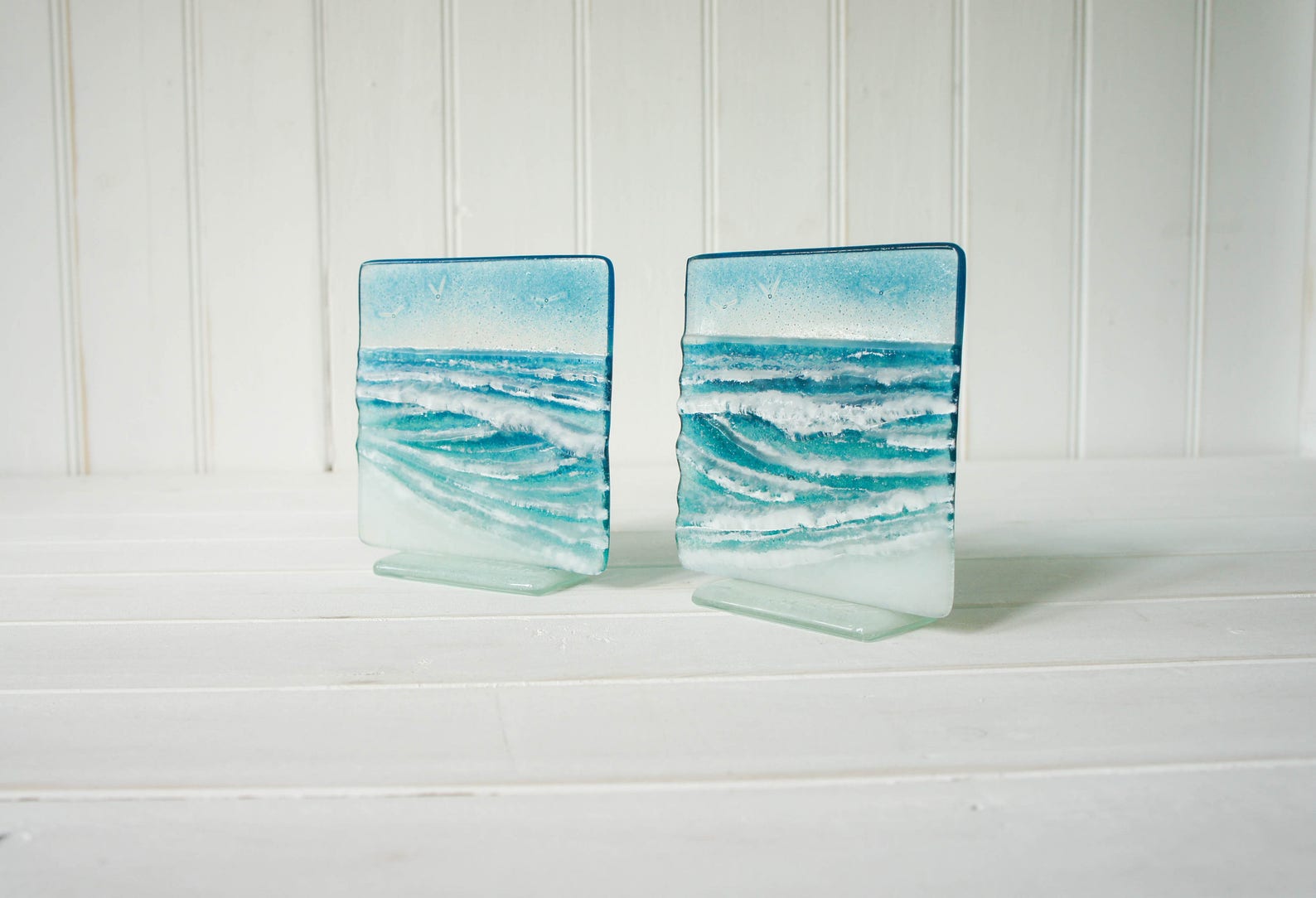 Set of 2 Small Wave Stands 12cm(5"), Fused Glass Wave Art, Coastal ...
