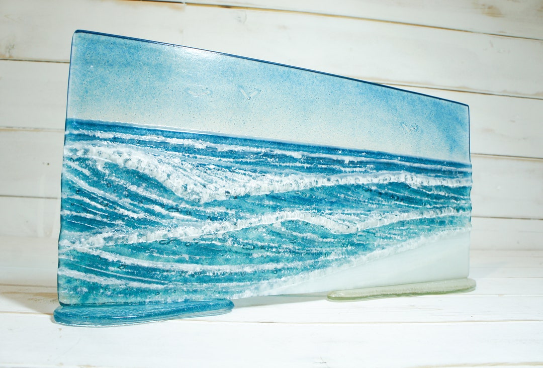 Wave Glass Art 40x20cm(16x8") Suncatcher, Turquoise Blue Wave Panel ...