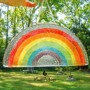 2 Rainbow Suncatchers 19x10cm(7 1/2x4"), Stripe Rainbow Fused Glass ...