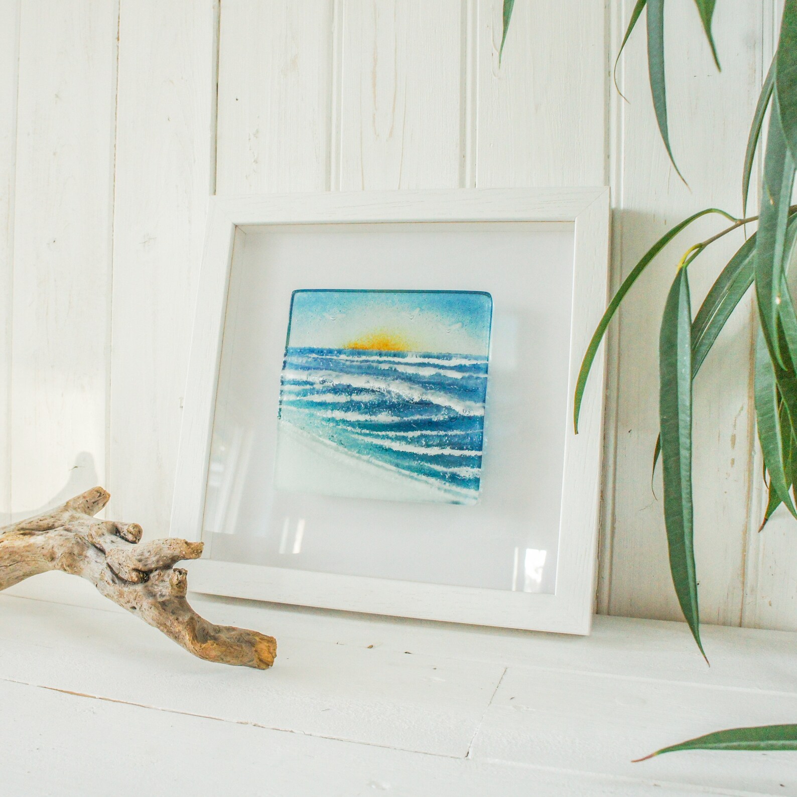 Wave in a Box Fused Glass Wave Wall Art Sun 25x25cm(10"), Turquoise ...