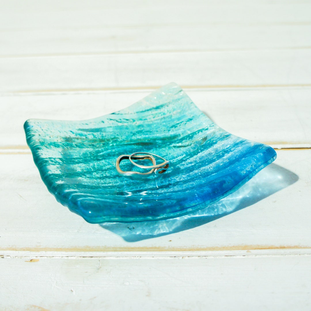 Blue Teal Seabed Glass Dish 10cm(4") With Optional Organza Bag, Fused ...