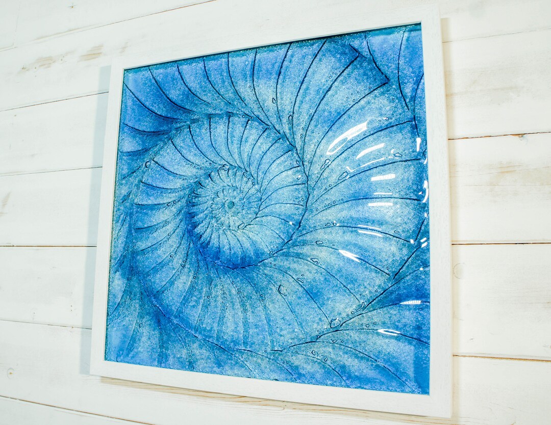 Large Ammonite Frame Blue 45x45cm (17"x17"), Blue Fossil Glass ...