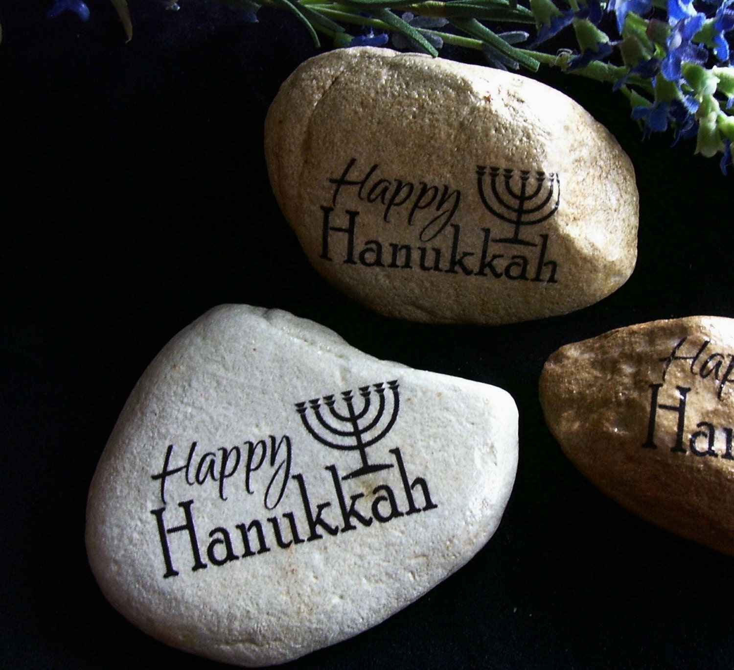 One Happy Hanukkah Menorah Hebrew Rock Stone Chanukkah Hannukah Jewish ...