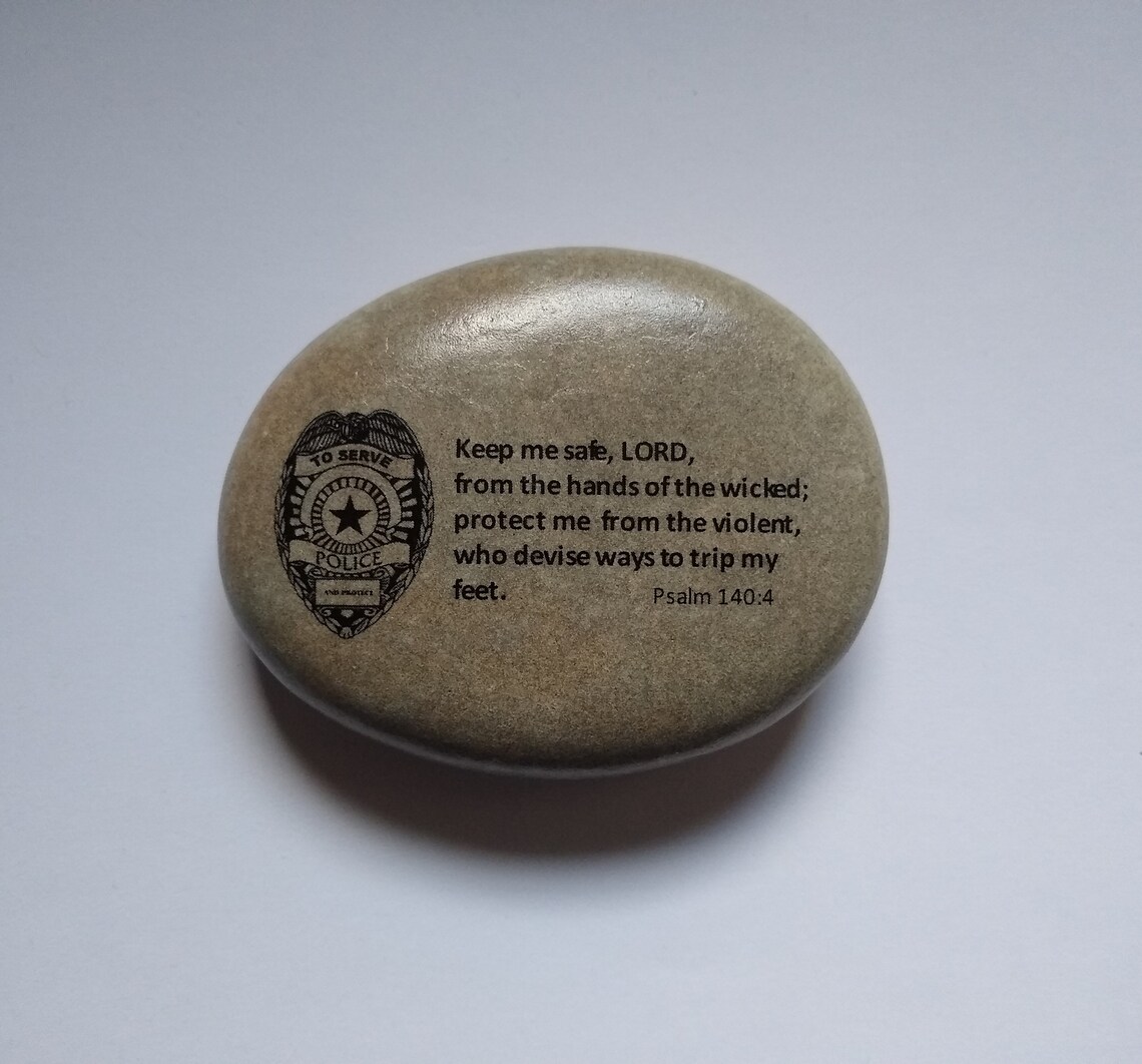 Law Enforcement Police Officer Stone Gift Bible Verse Prayer Psalm 140: ...