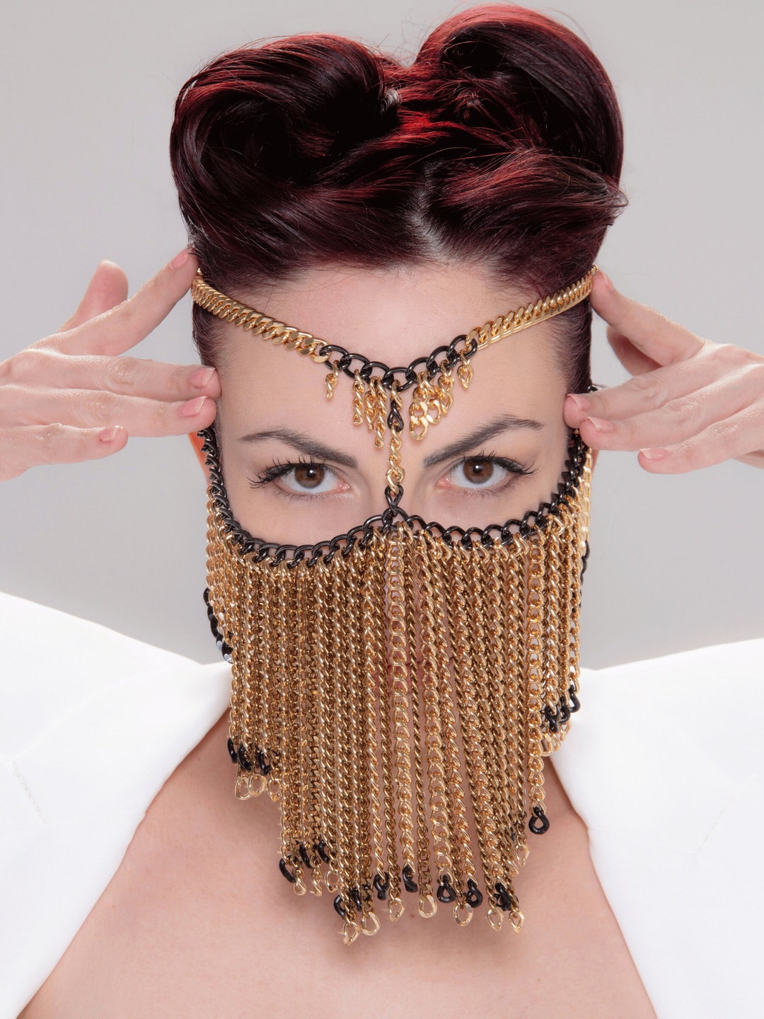 Handmade Face Chain Veil Gold, Burning Man Fringed Face Accessory, Dune ...