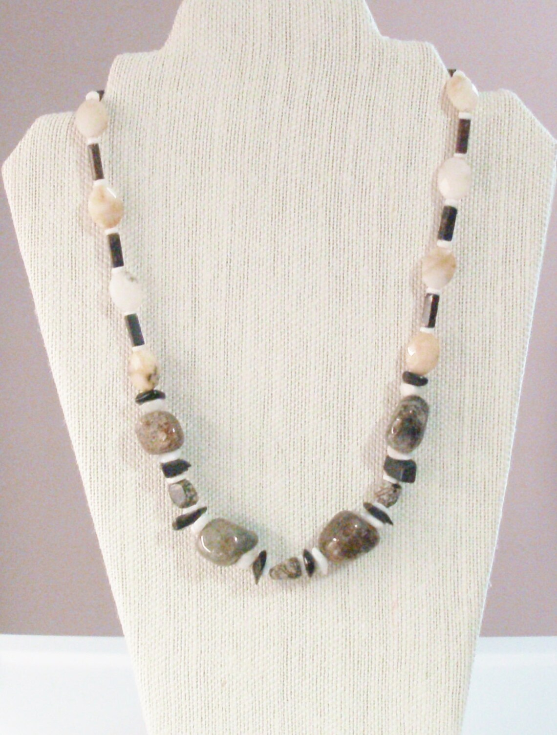 Handmade Beaded Stone Necklace With Serpentine, Leopard Skin Jasper and ...