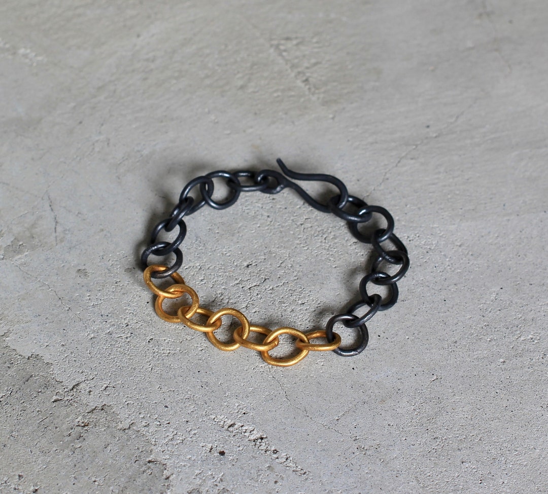 Hand Forged Mixed Metal Chain Bracelet Solid 24K Gold and Blackened ...