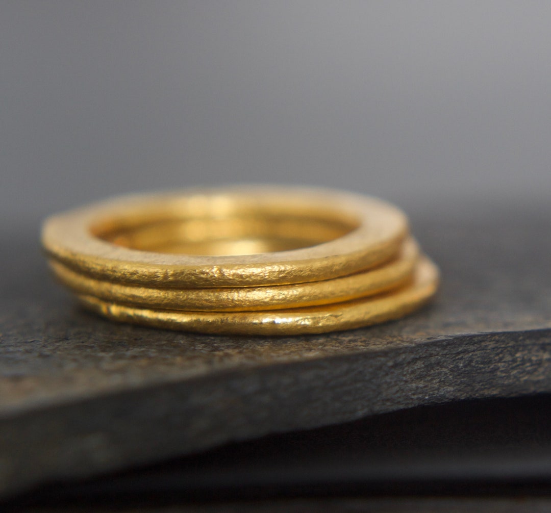 24K Gold Stacking Ring Set Three Hand Forged Solid Gold Bands Pure Gold ...
