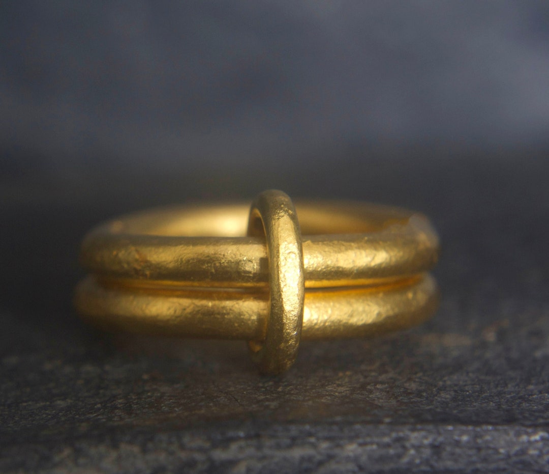 24K Gold Linked Ring Set Two Hand Forged Pure Gold Bands Solid Gold ...