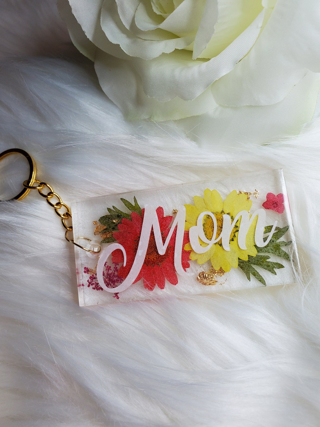 Mom Keychain With Flowers and Gold Foil - Etsy