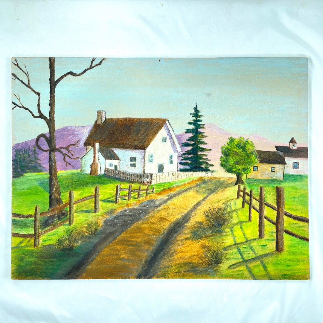 Vintage Landscape Farmhouse & Mountain Scene - Etsy