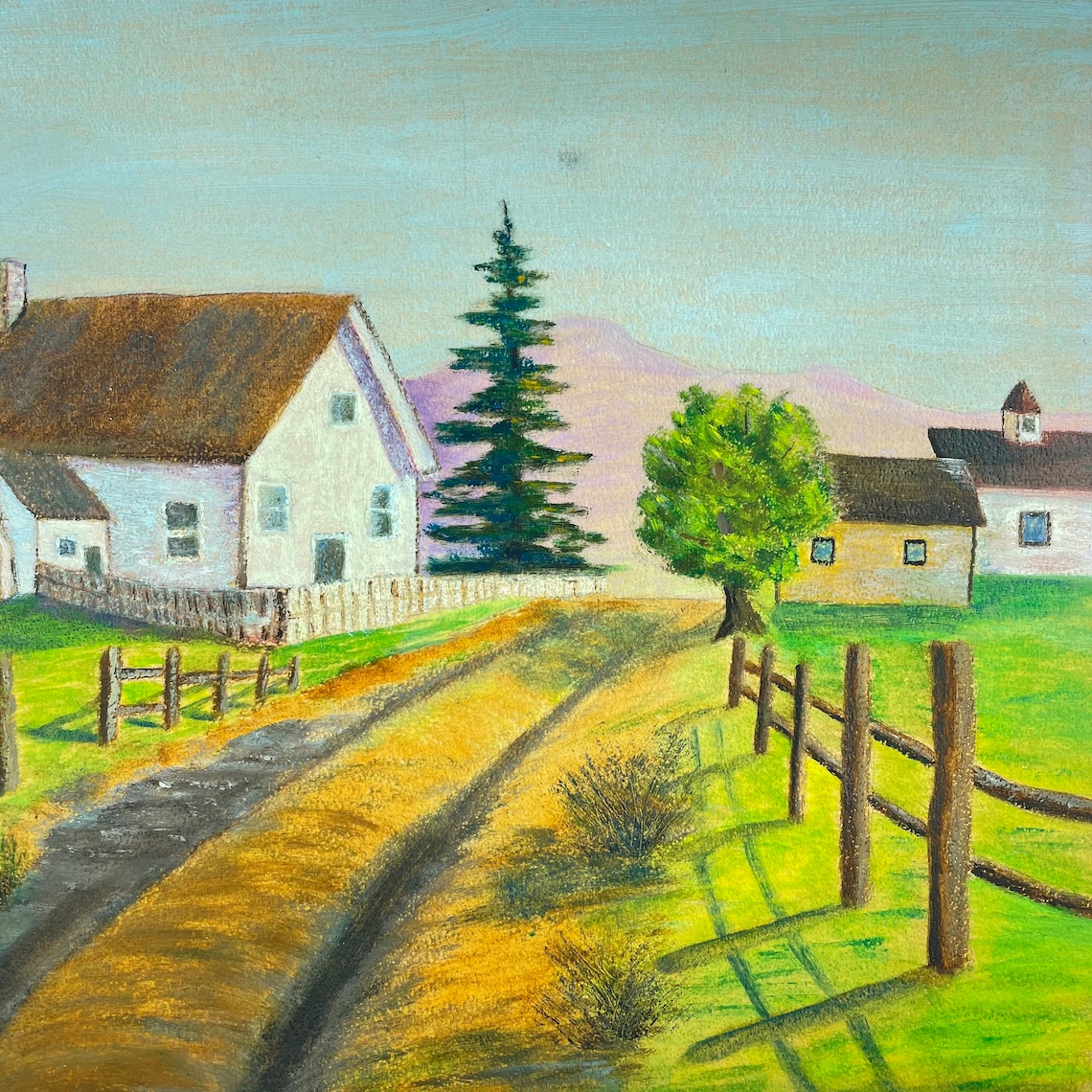 Vintage Landscape Farmhouse & Mountain Scene | Etsy