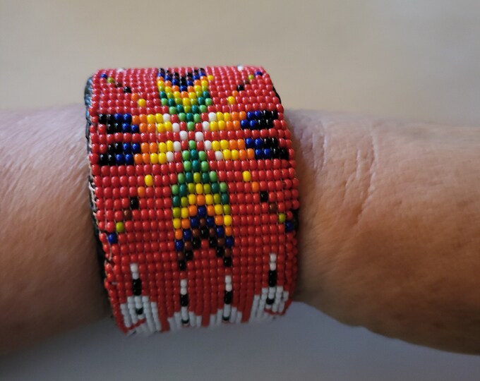Cuff Red Star Feather Hand Beaded Native American Design Southwest ...