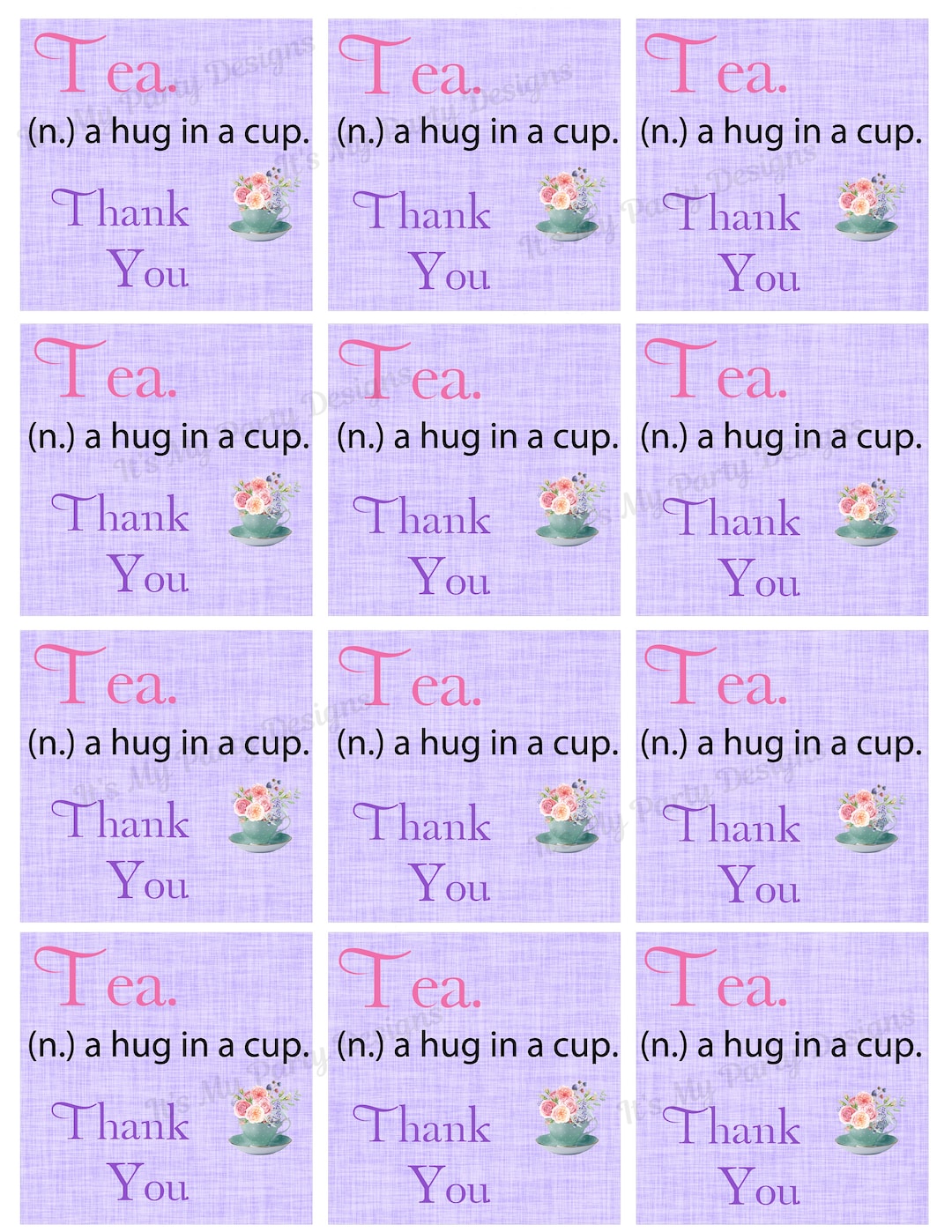 Tea: A Hug in a Cup - Lovely Tea Party Thank You Tag - Set of 12 ...