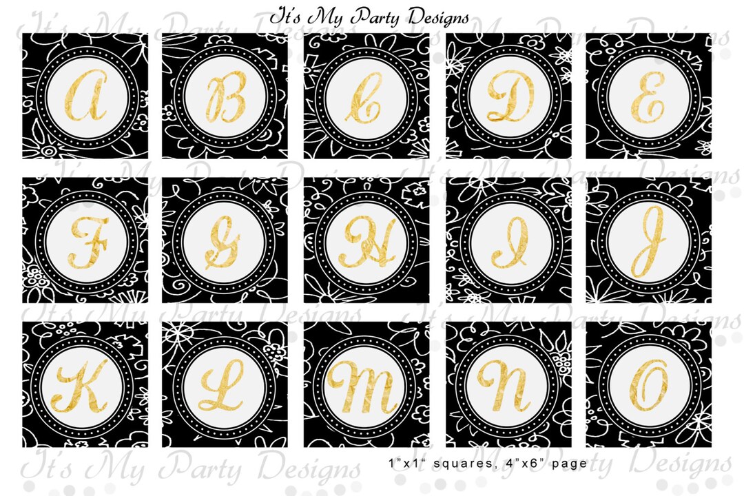 Printable 1" X 1" Square Monogram Tiles With Gold Script Alphabet ...
