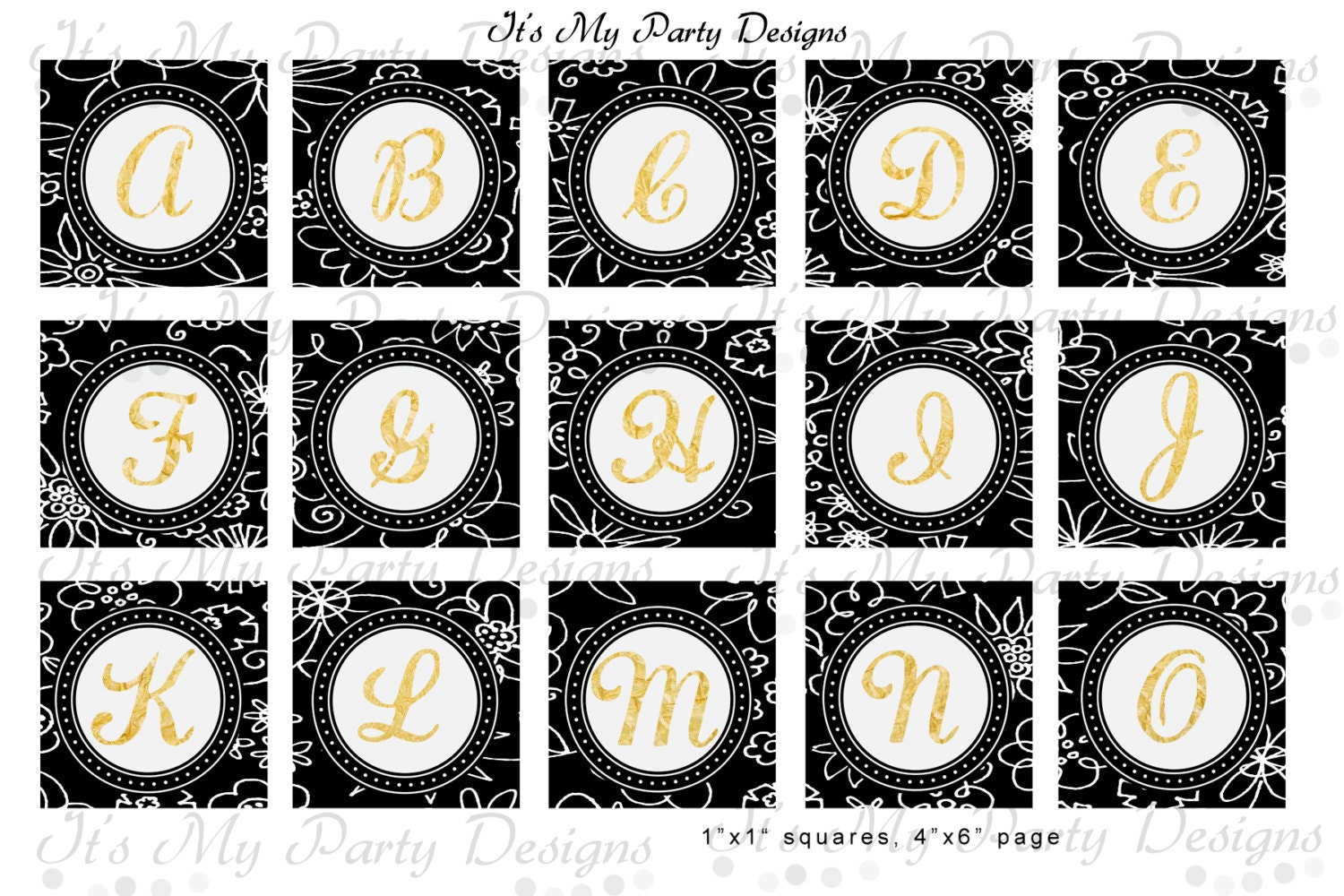 Printable 1" X 1" Square Monogram Tiles With Gold Script Alphabet ...