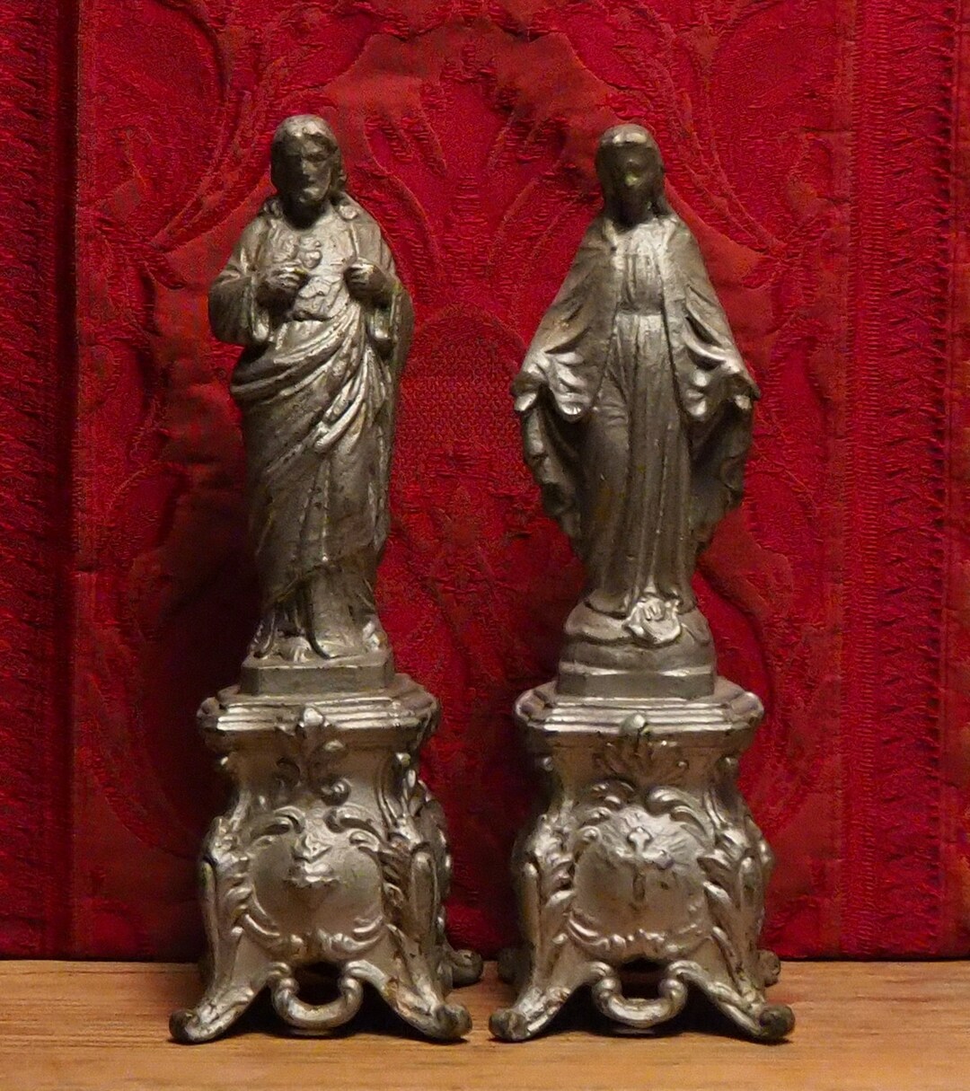 Antique French Pair Religious Bronze Look Repainted to Silver Look ...