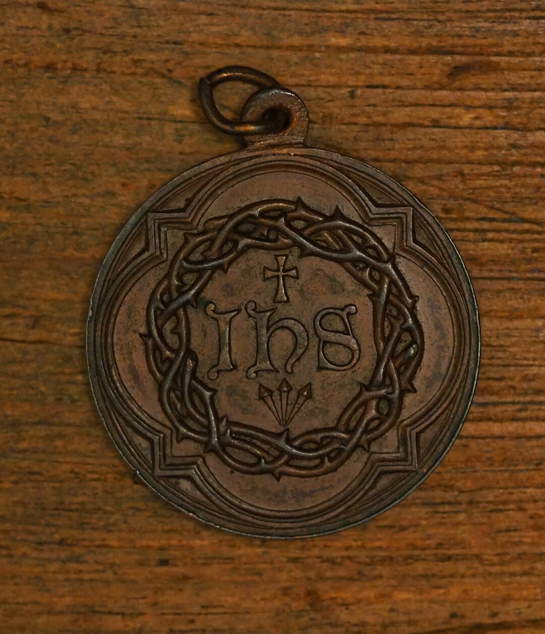 French Antique Bronze Religious Medal Pendant Saint Ignatius- IHS Crown ...