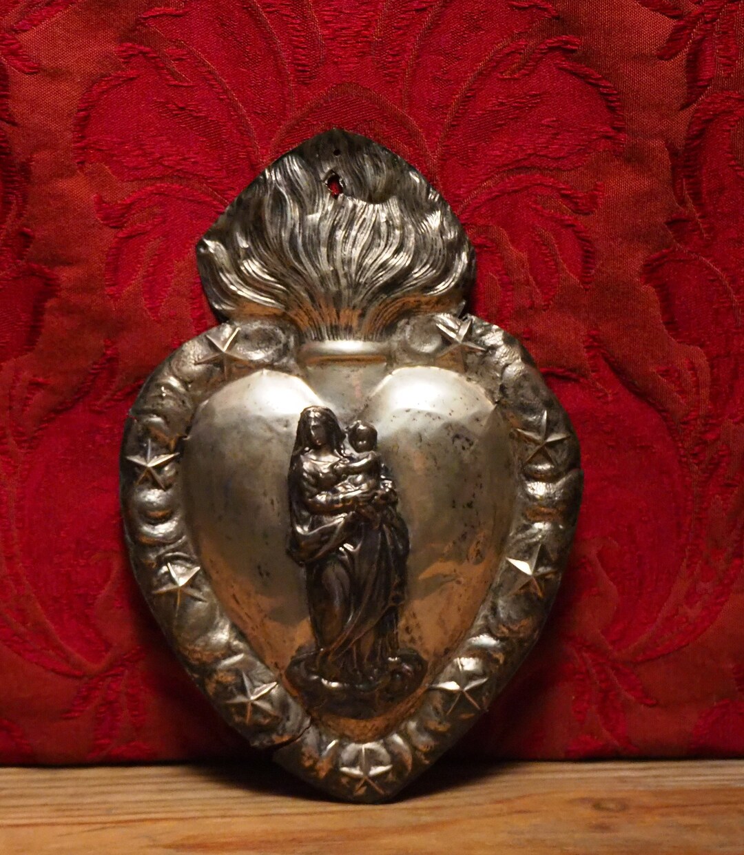 Large Antique Original Religious Silver Ex Voto Flaming Sacred Heart With Our Holy Mother Mary ...