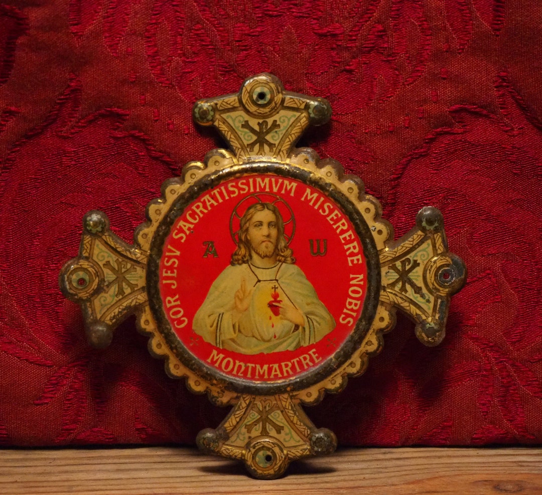Antique French Old Home Protection Relic Tin Plaque the Sacred Heart of ...