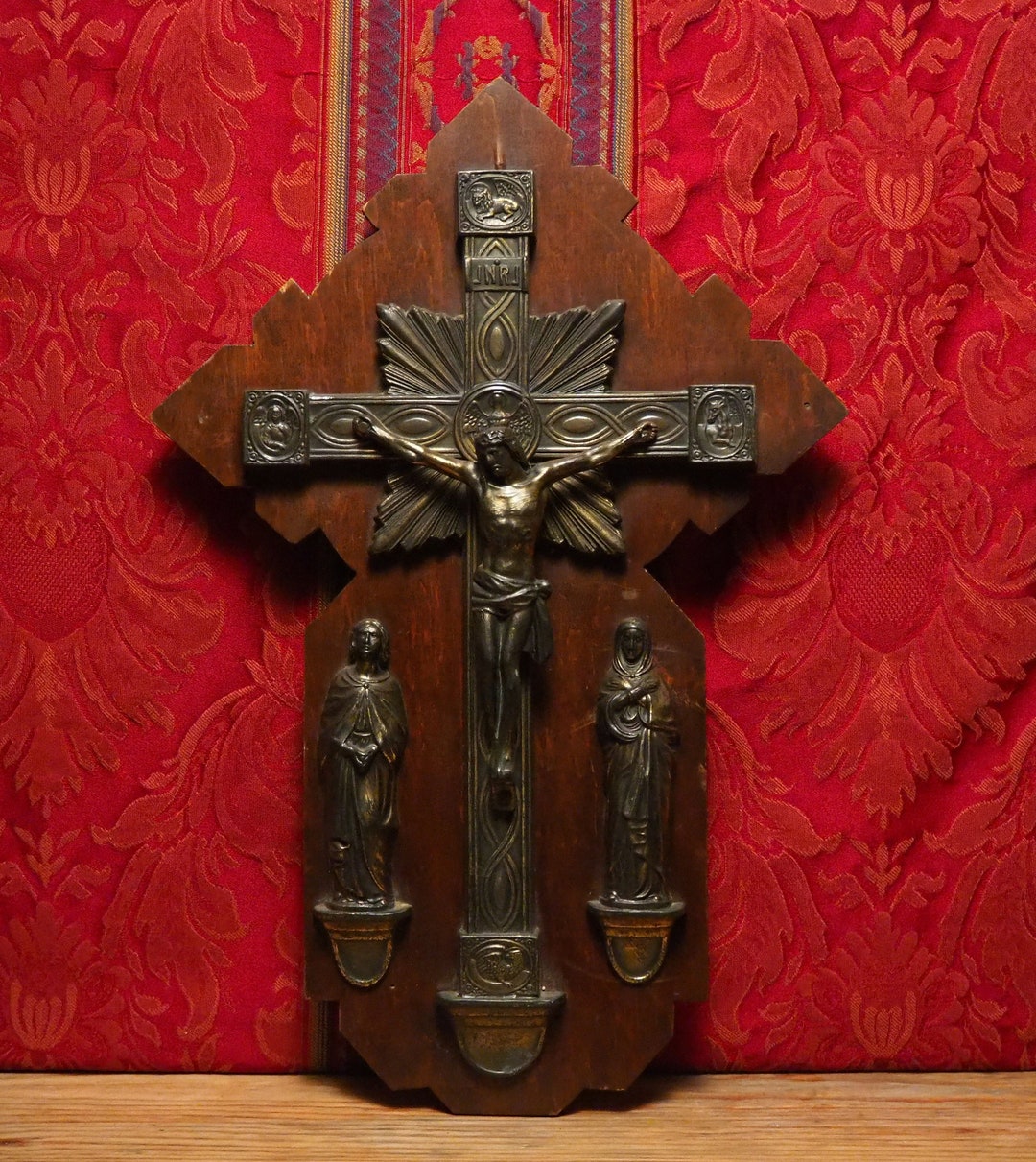 Antique Religious Prayer Ornate Bronze Look Wall Plaque Calvary Christ ...