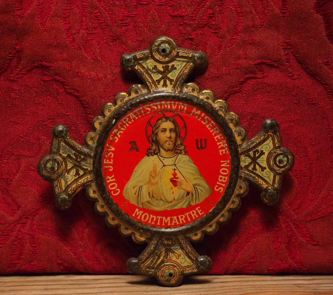 Antique French Old Home Protection Relic Tin Plaque the Sacred Heart of ...