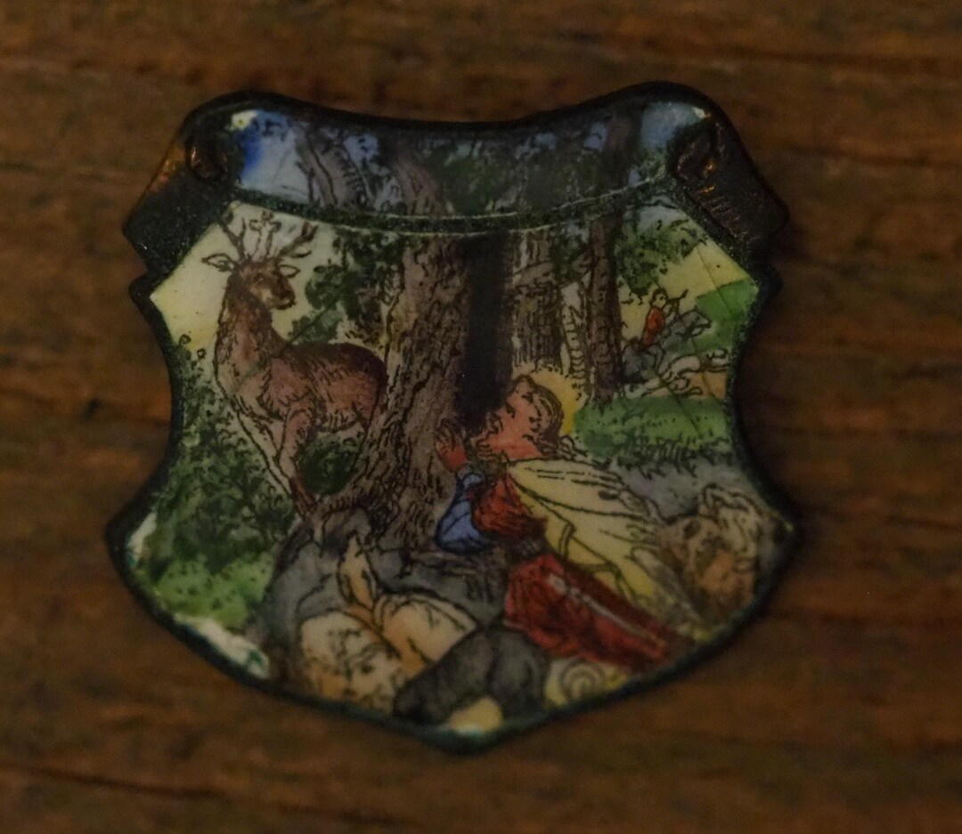 Antique Religious Hand Painted Enamel Brooch of Saint Hubert Holy Deer ...